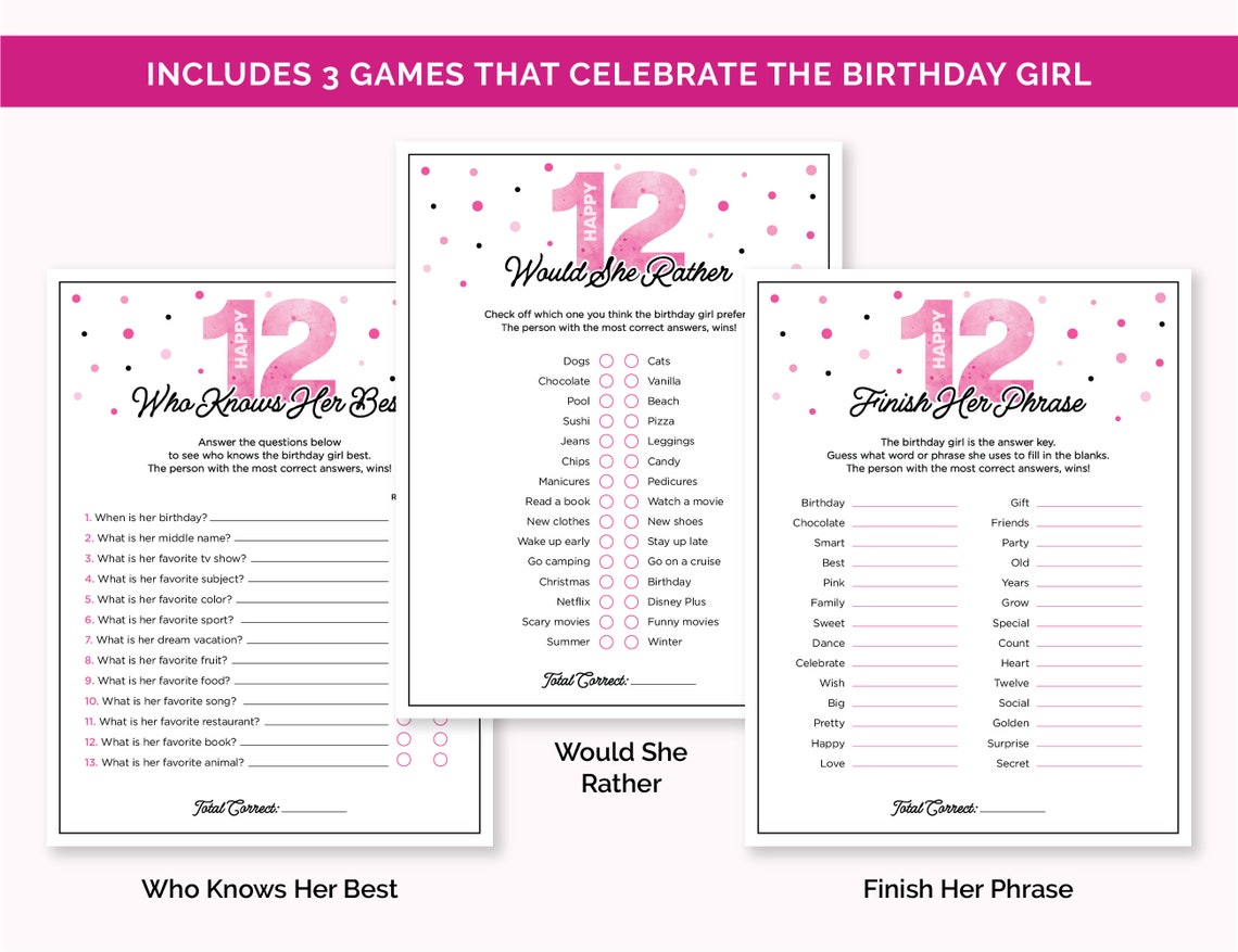 12th Birthday Party Games, Printable Birthday Game Bundle With Birthday ...
