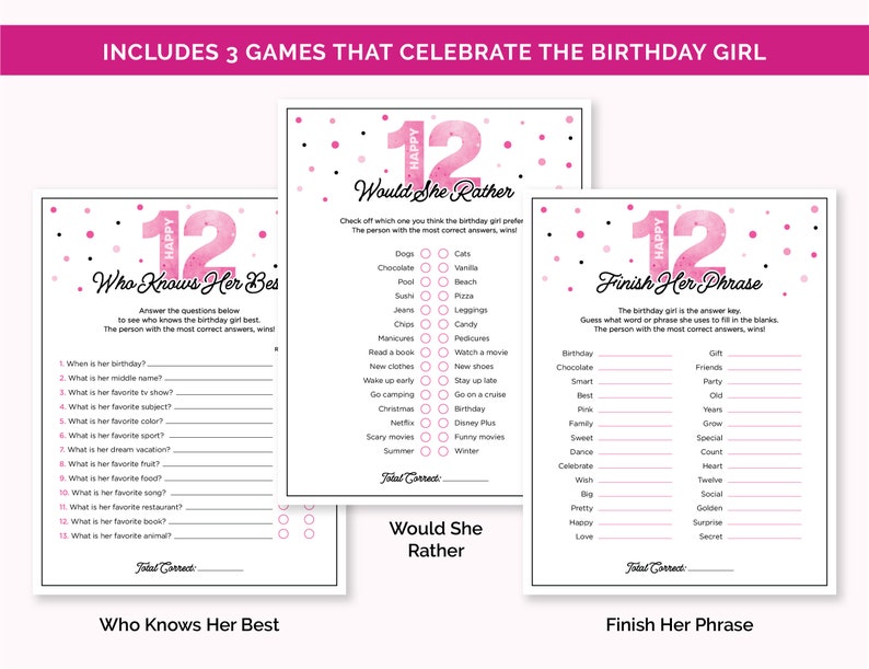 12th Birthday Party Games, Printable Birthday Game Bundle With Birthday ...