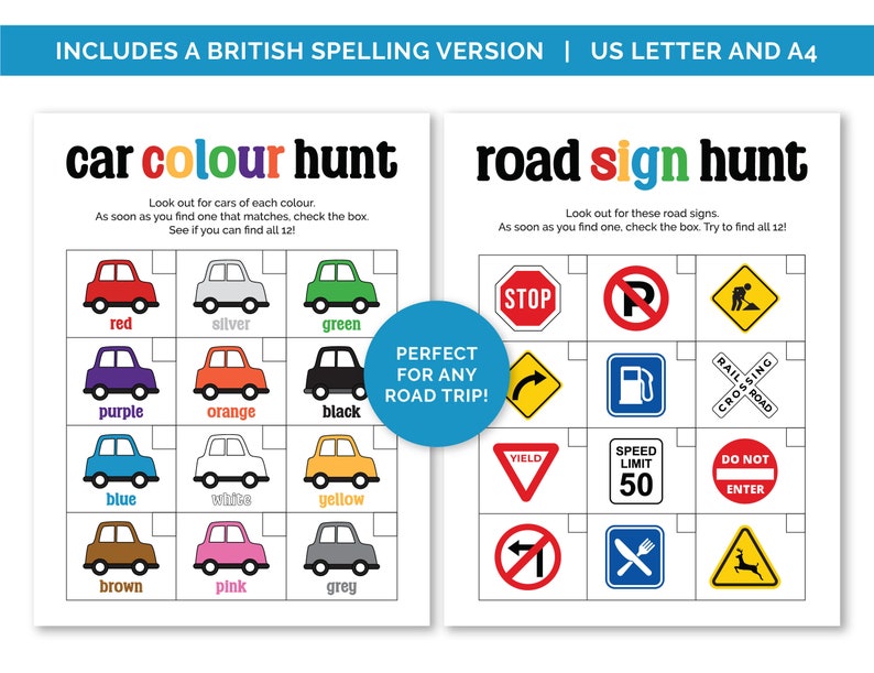 Road Trip Scavenger Hunts for Kids, Printable Road Signs Game, Coloured ...
