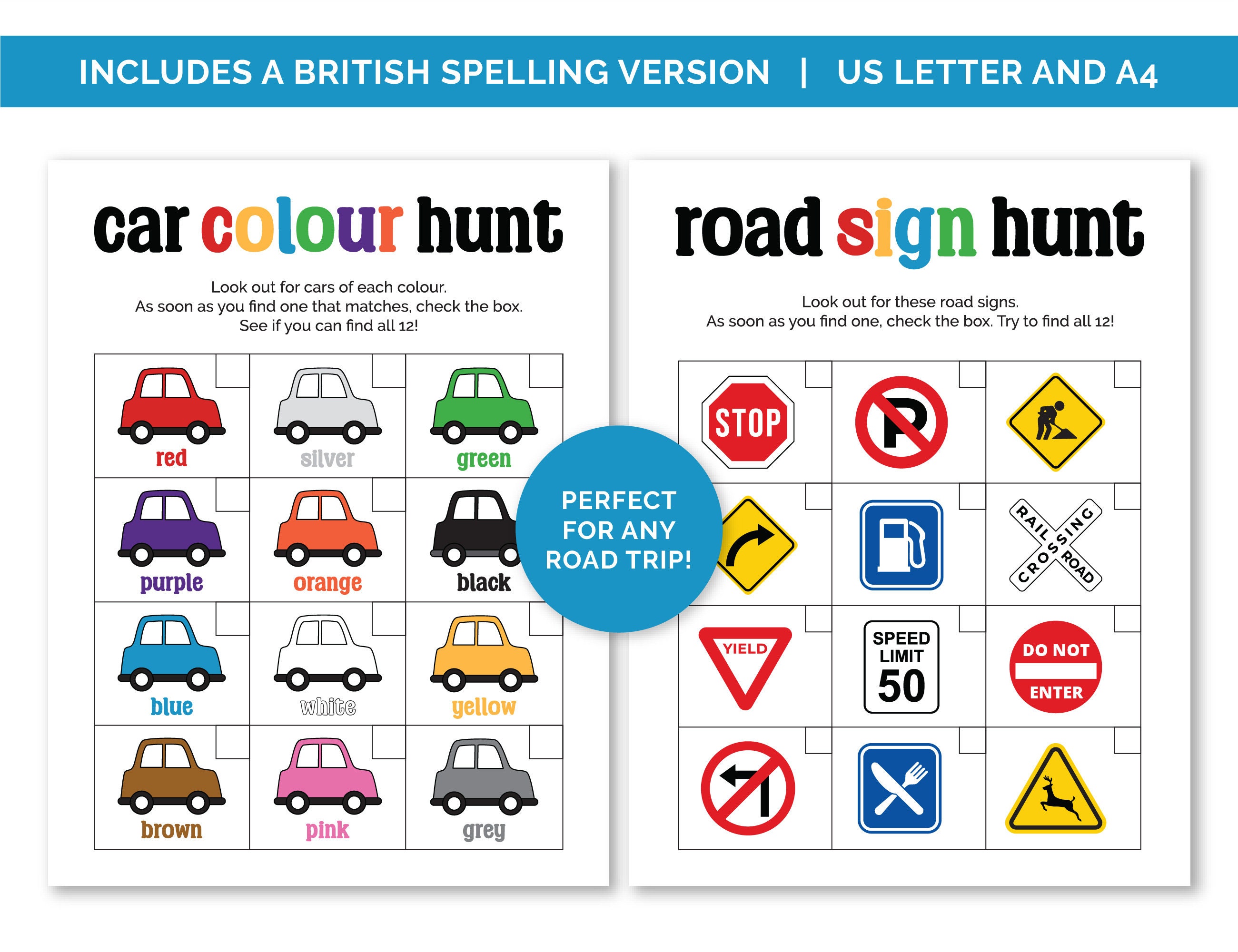 Road Trip Scavenger Hunts for Kids, Printable Road Signs Game, Coloured ...