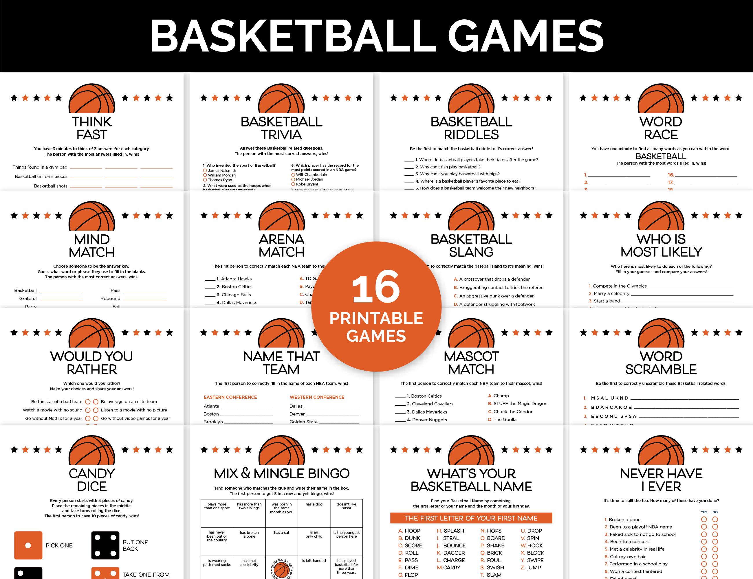 Basketball Games, Printable Games Bundle for a Basketball Team Party ...