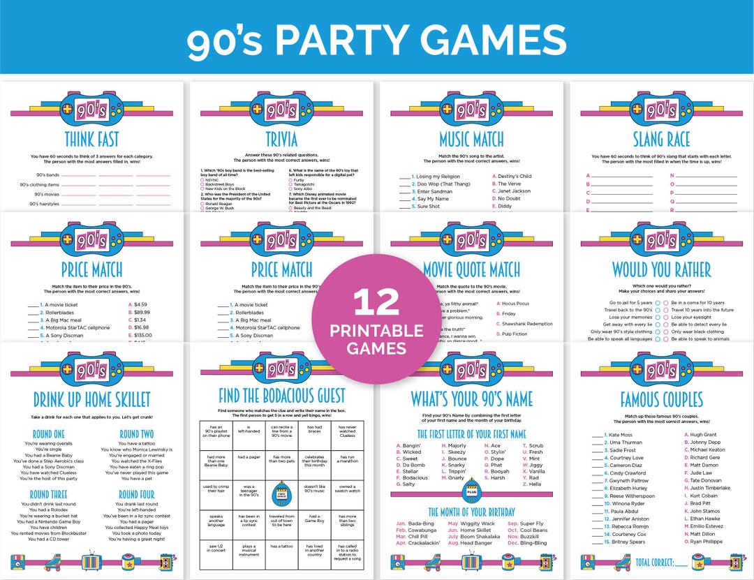 90s Party Games, Printable Game Bundle for a 90s Theme Party, Games for ...