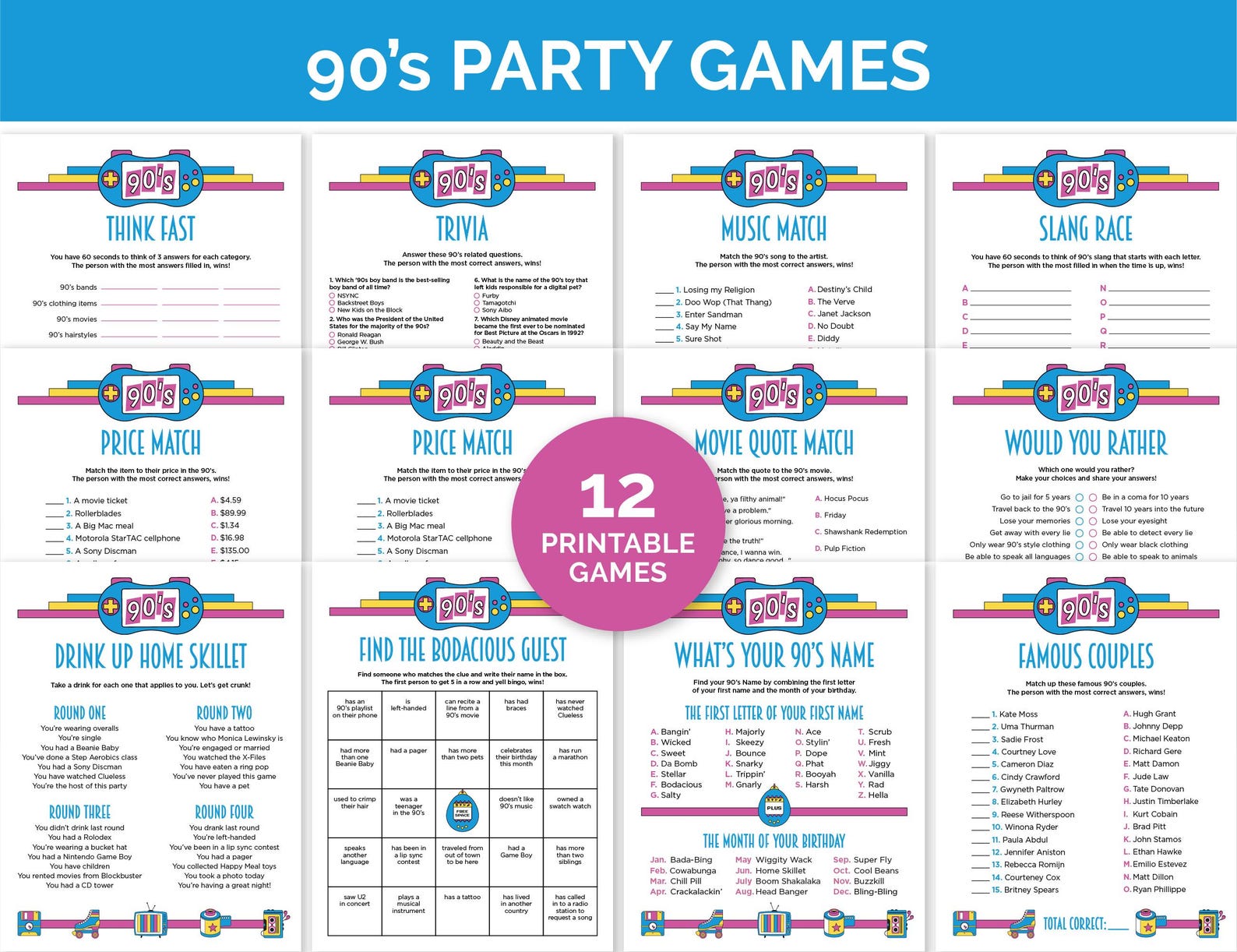 90s Party Games, Printable Game Bundle for a 90s Theme Party, Games for ...