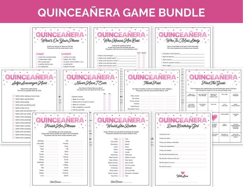 Quinceañera Games for Girls, Printable 15th Birthday Game Bundle, Pink ...