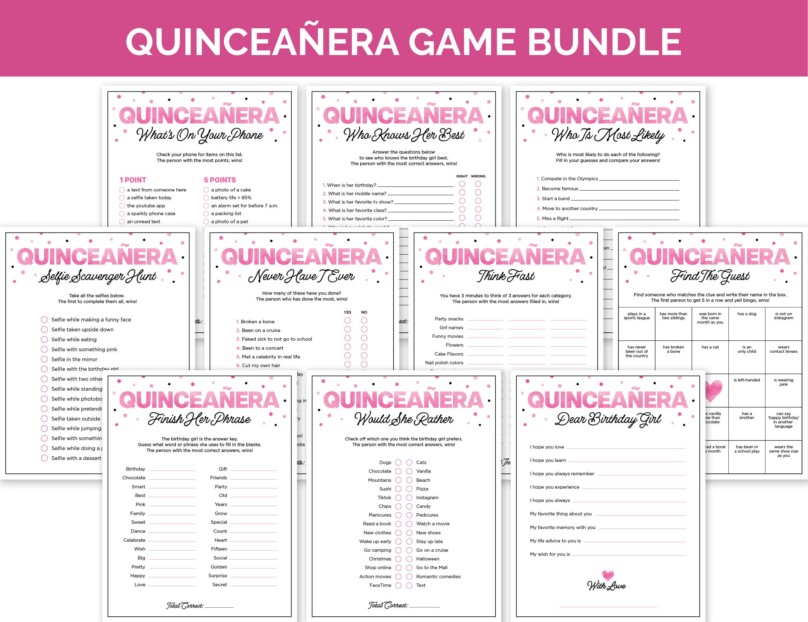 Quinceañera Games for Girls, Printable 15th Birthday Game Bundle, Pink ...