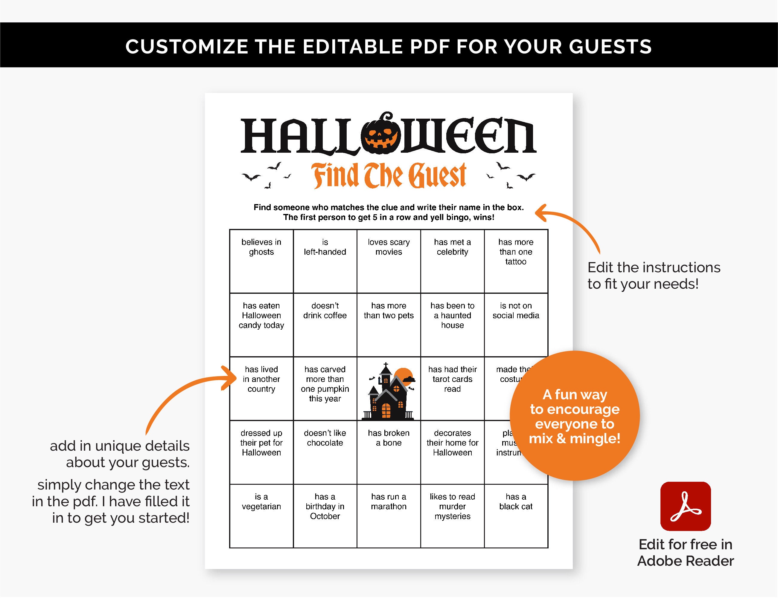 Editable Halloween Find the Guest Bingo Game, Icebreaker Game for a ...