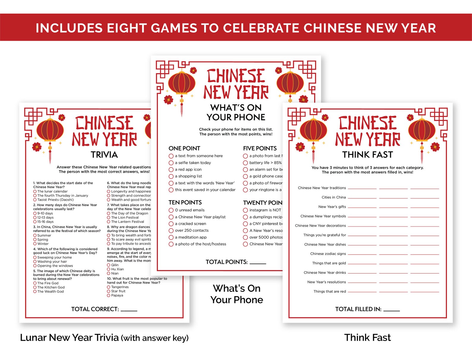 Chinese New Year Games, Printable Lunar New Year Games Bundle for ...