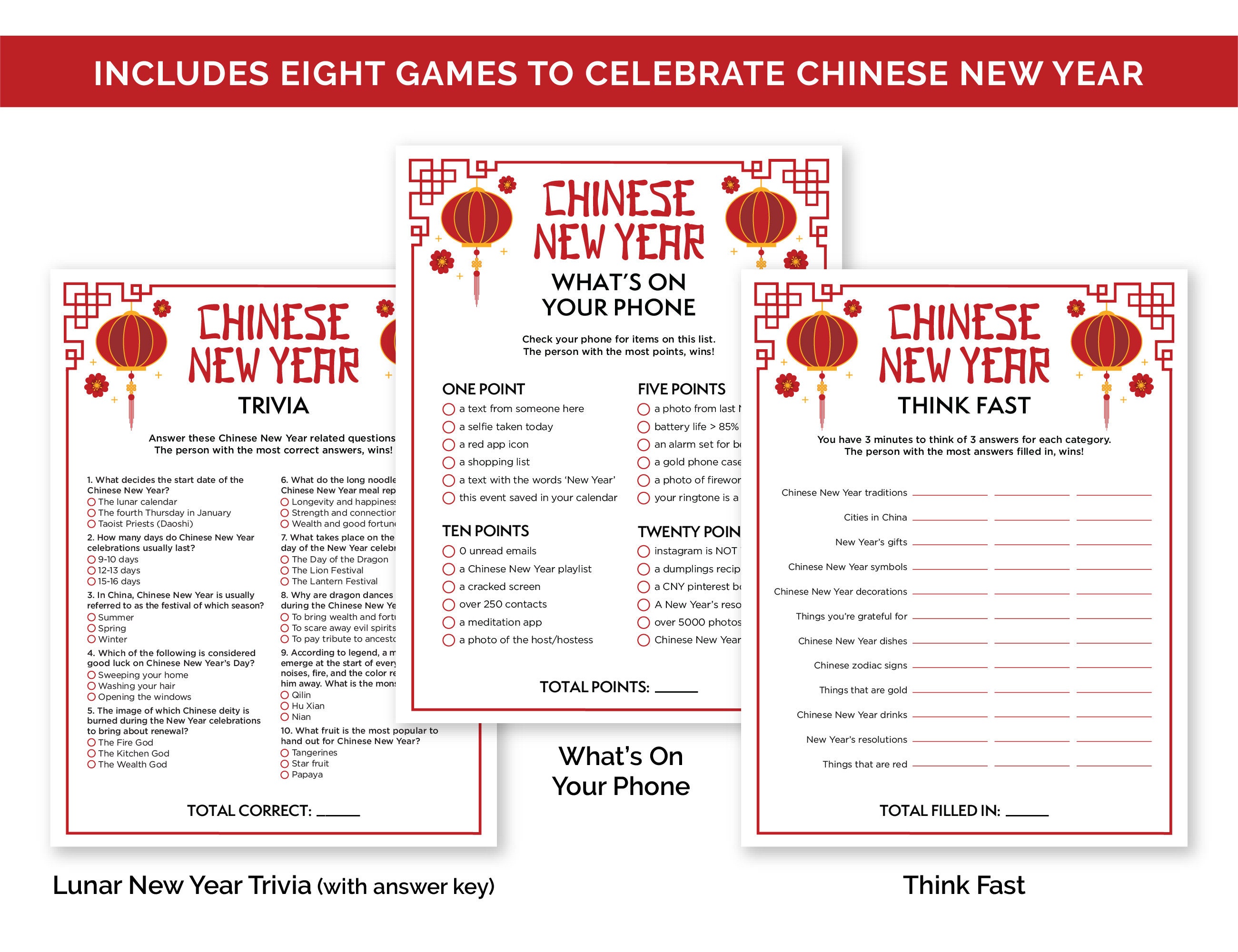 Chinese New Year Games, Printable Lunar New Year Games Bundle for ...