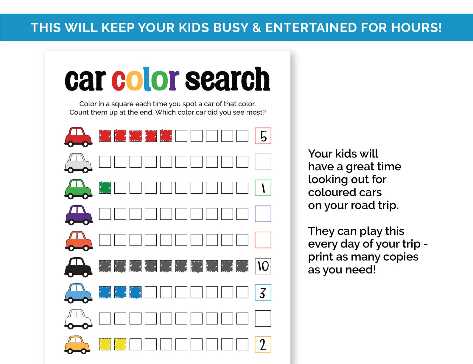 Counting Coloured Cars Printable, Road Trip Game for Kids, Car ...