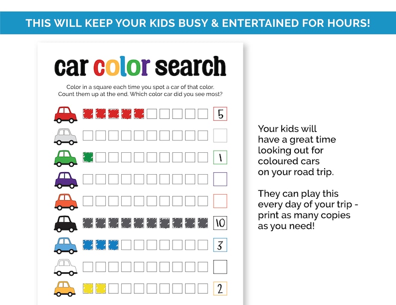Counting Coloured Cars Printable, Road Trip Game for Kids, Car ...