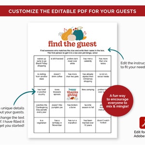 Editable Thanksgiving Find the Guest Bingo Game, Thanksgiving Party ...