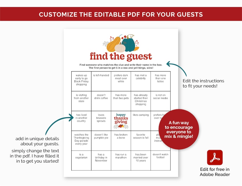 Editable Thanksgiving Find the Guest Bingo Game, Thanksgiving Party ...