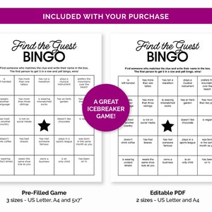 Editable Find the Guest Bingo, Icebreaker Game for Parties, Find ...