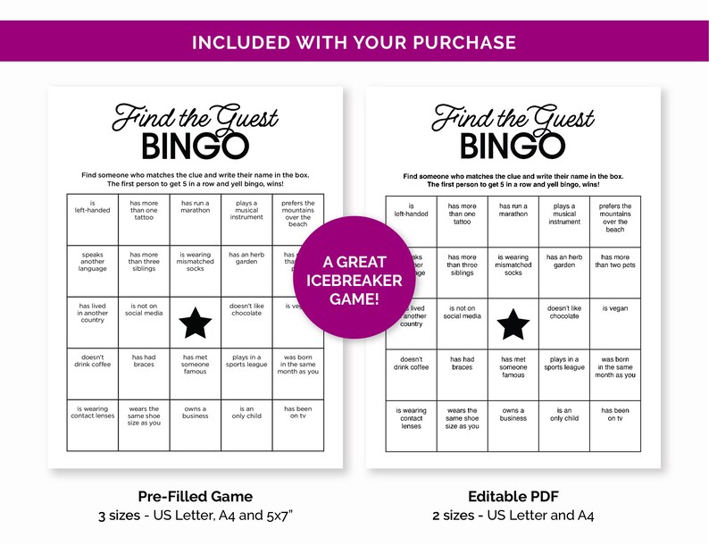 Editable Find the Guest Bingo, Icebreaker Game for Parties, Find ...