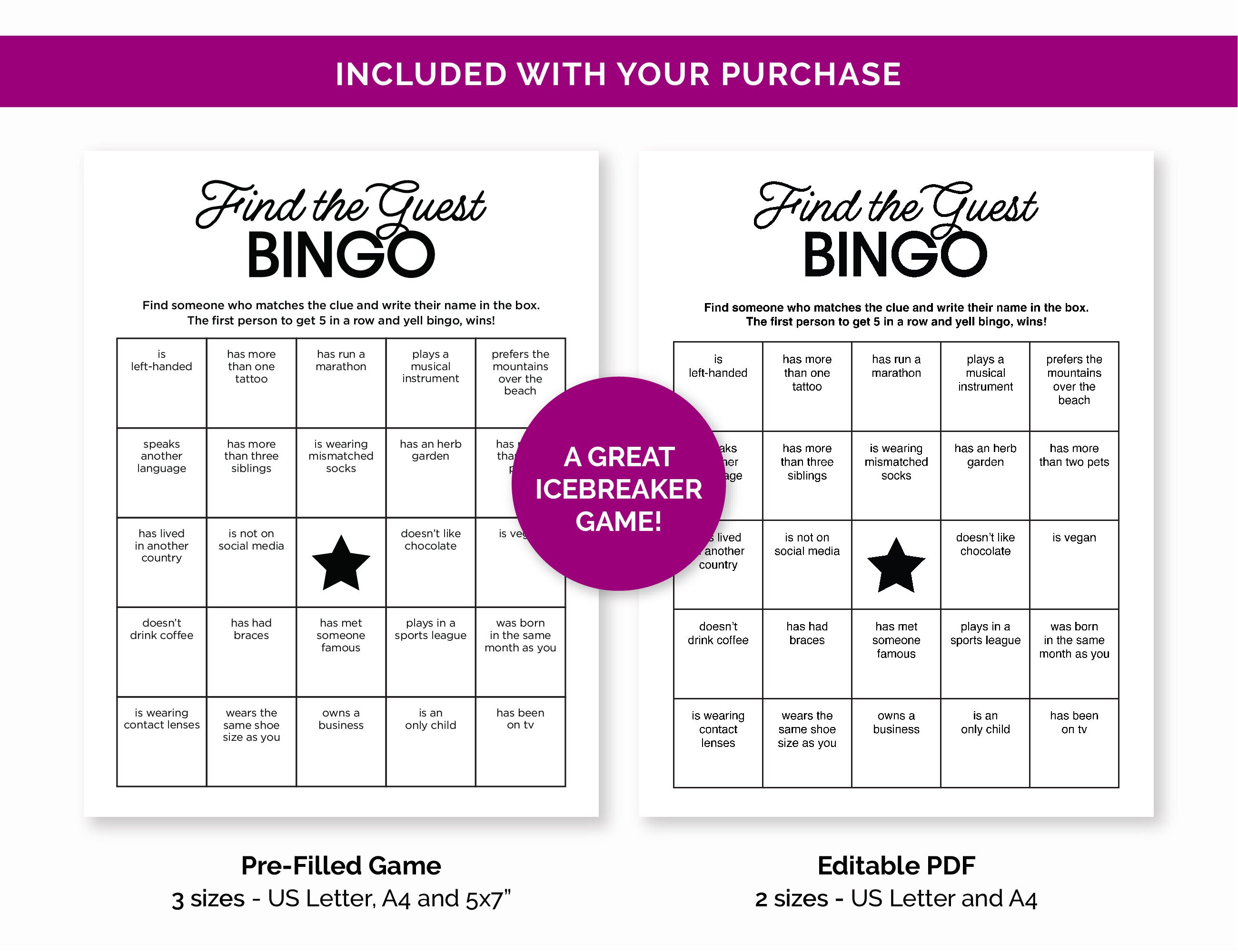 Editable Find the Guest Bingo, Icebreaker Game for Parties, Find ...