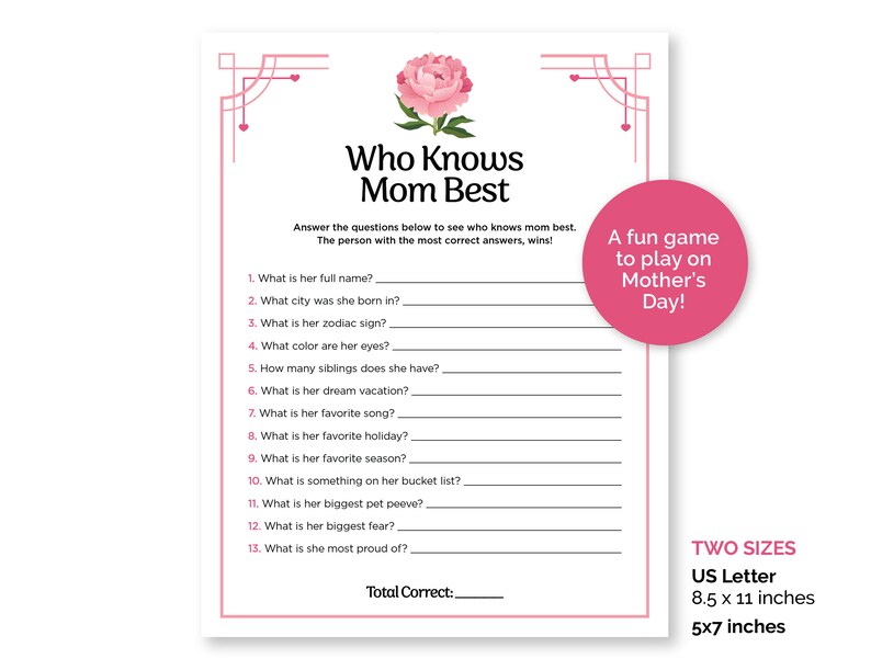 Who Knows Mom Best, Printable Mother's Day Trivia Game, How Well Do You ...