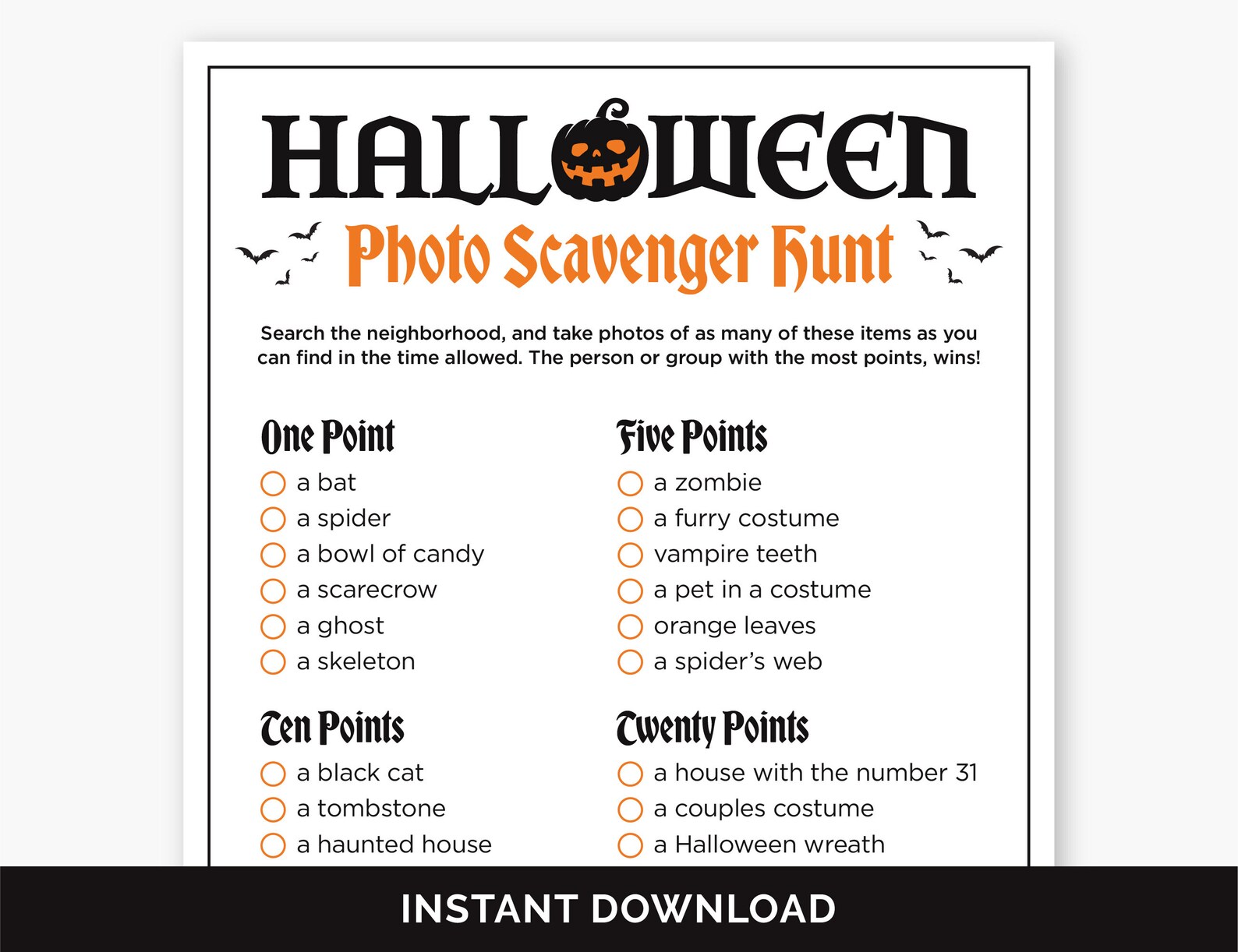 Halloween Photo Scavenger Hunt, Printable Halloween Party Game for ...