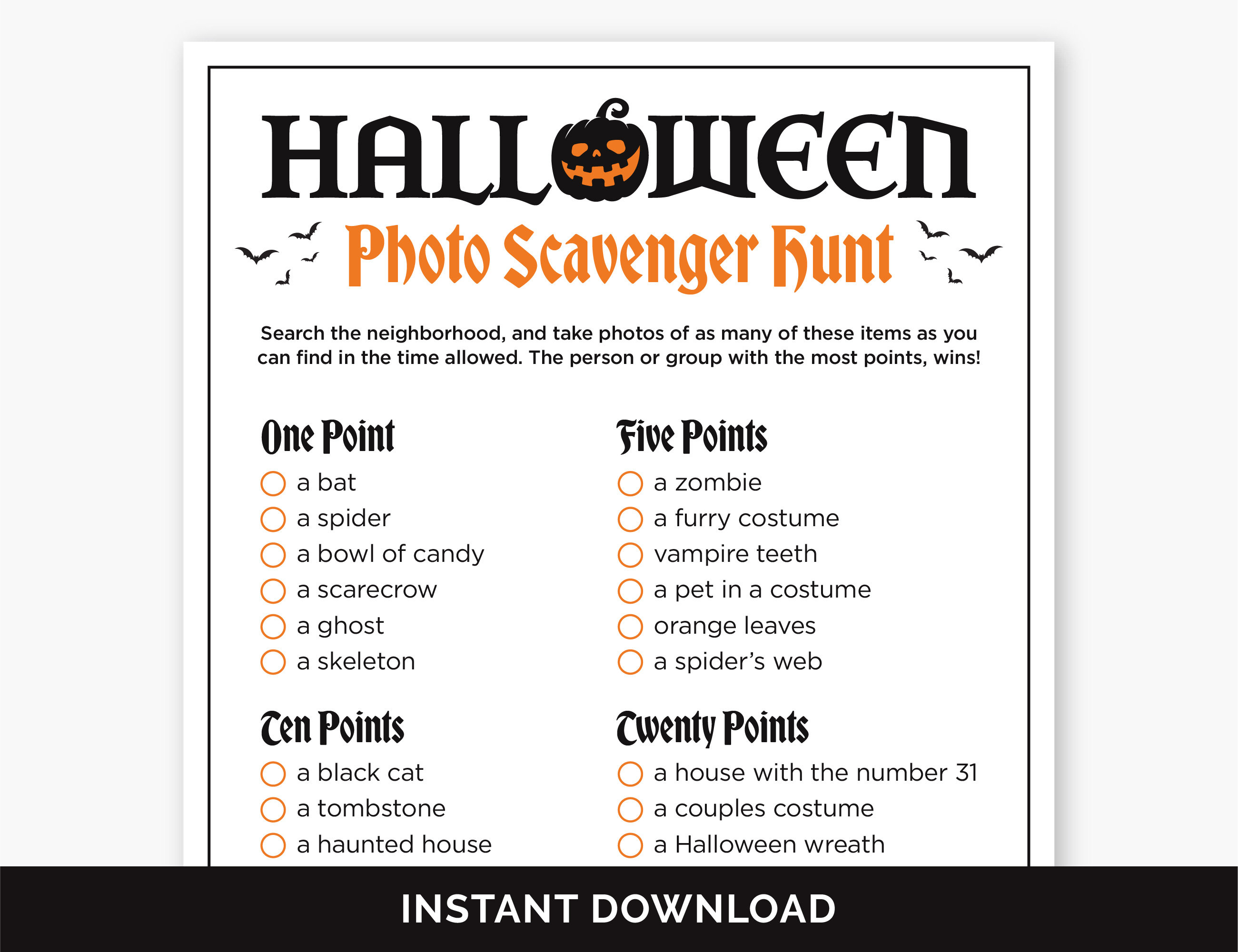 Halloween Photo Scavenger Hunt, Printable Halloween Party Game for ...