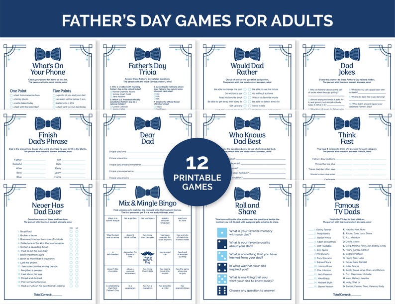 Father's Day Games for Adults, Printable Games Bundle for a Father's ...