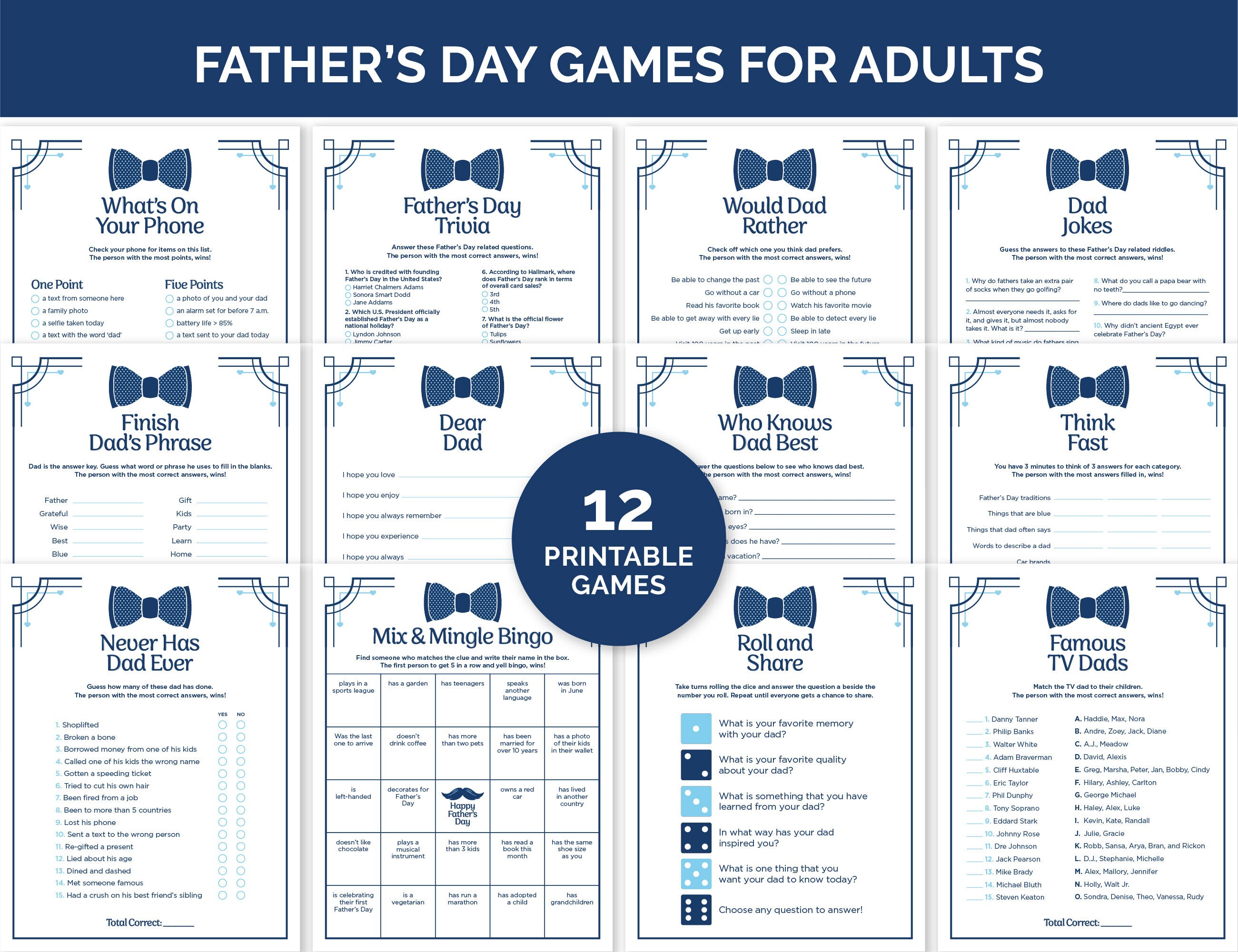Father's Day Games for Adults, Printable Games Bundle for a Father's ...