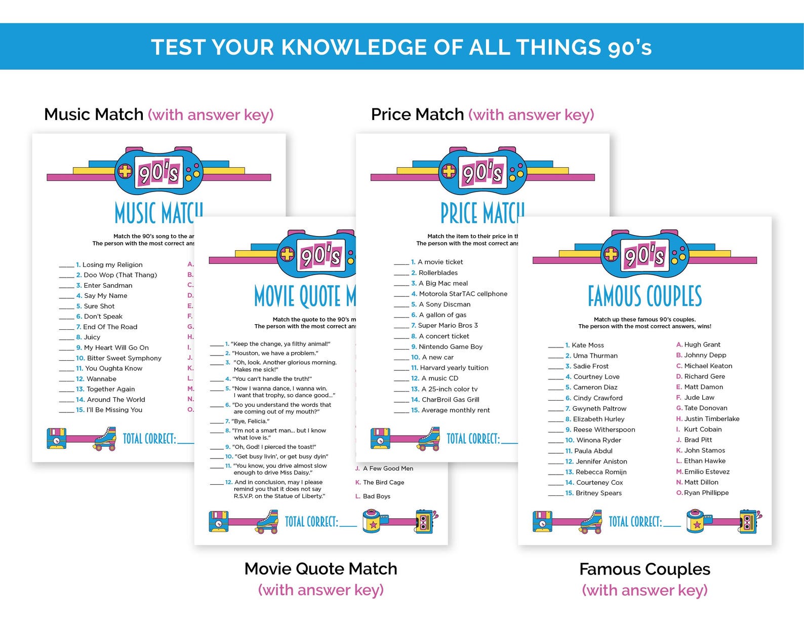 90s Party Games, Printable Game Bundle for a 90s Theme Party, Games for ...