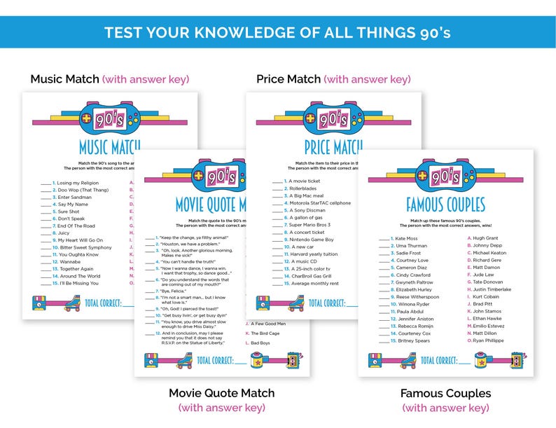 90s Party Games, Printable Game Bundle for a 90s Theme Party, Games for ...