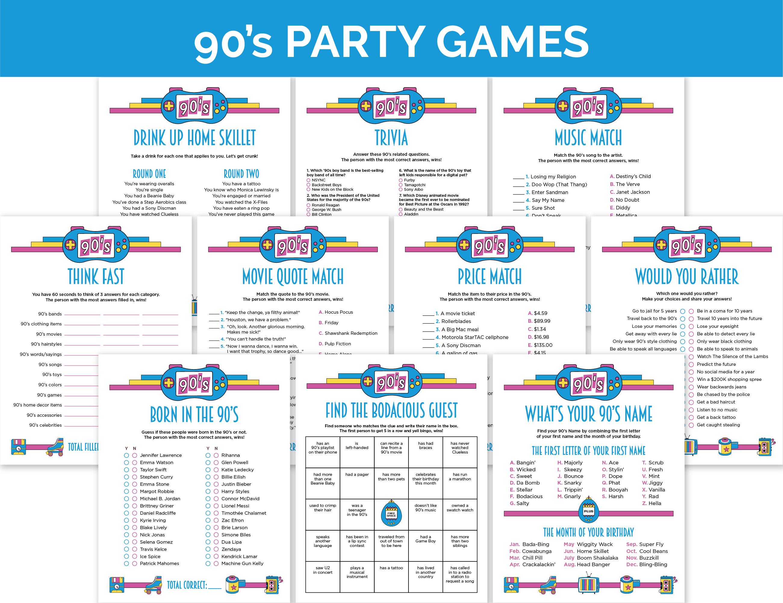 90s Party Games, Printable Game Bundle for a 90s Theme Party, Games for ...