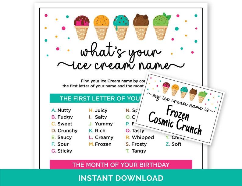 What's Your Ice Cream Name Game, Printable Game for an Ice Cream Social ...