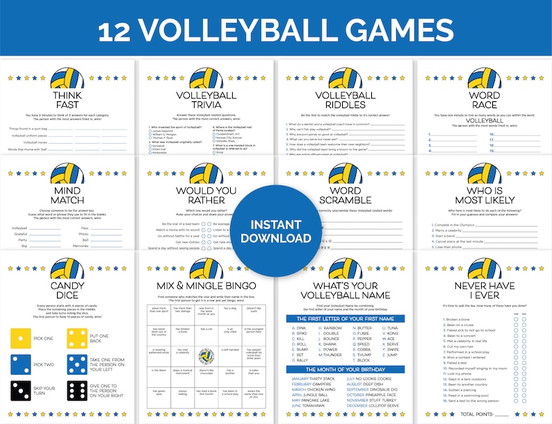 Volleyball Games, Printable Games Bundle for a Volleyball Team Party ...