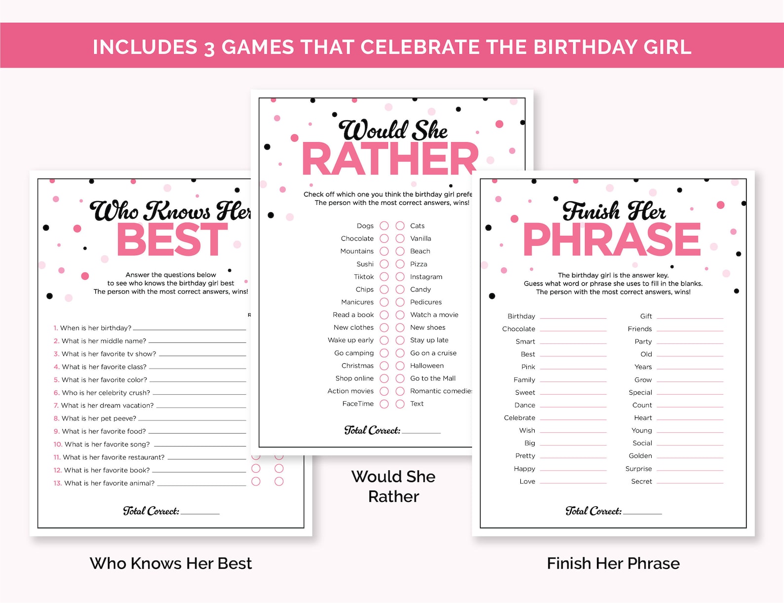 Teen Birthday Games for Girls, Printable Birthday Girl Trivia Games ...