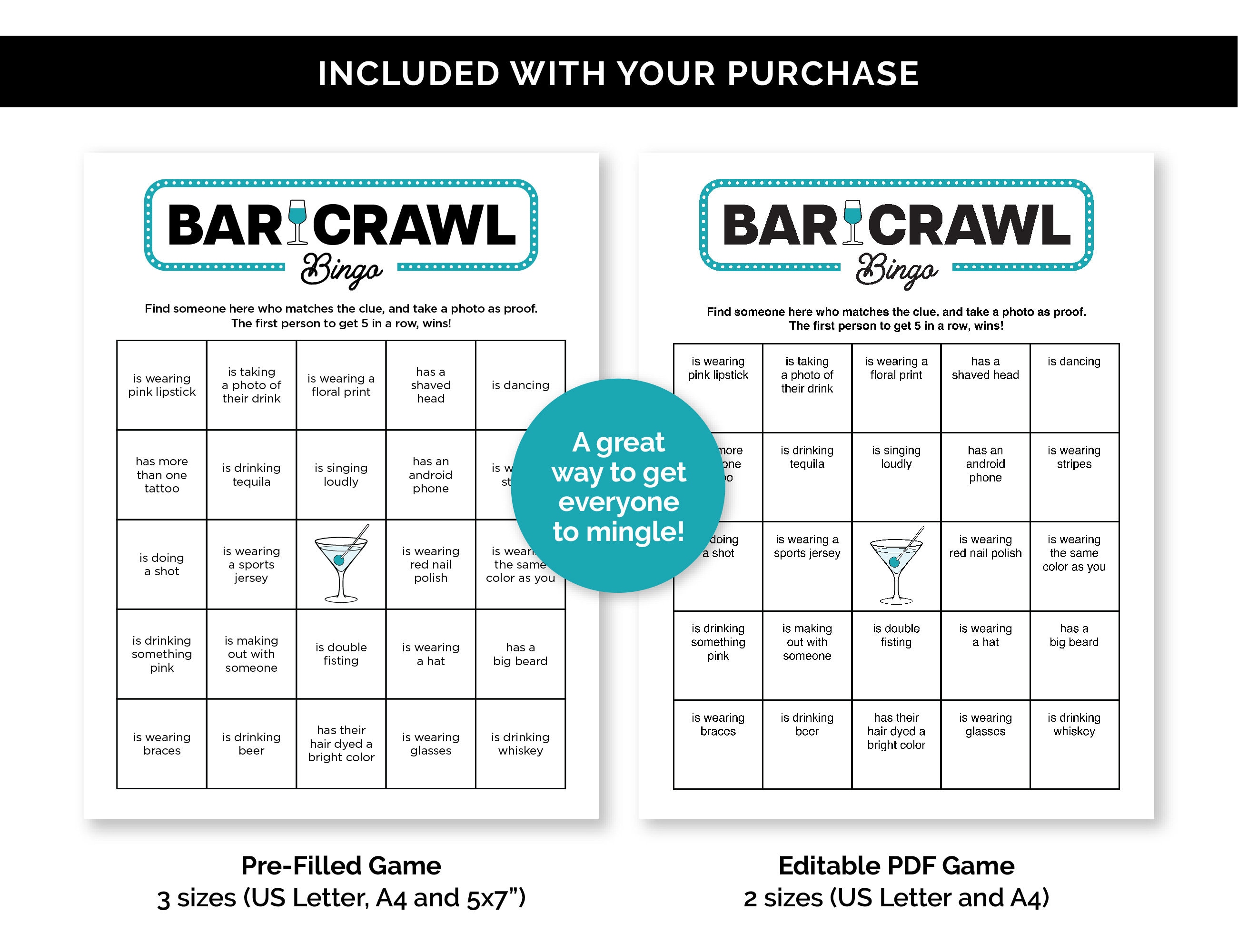Editable Bar Crawl Bingo, Printable Bar Hopping Game for a Birthday Bar ...