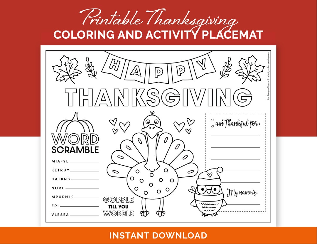Thanksgiving Coloring Placemat for Kids, Printable Activities Sheet for ...