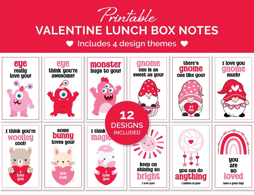 Valentine Lunch Box Notes for Kids, 12 Printable Lunchbox Notes ...