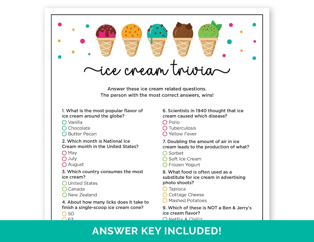 Ice Cream Trivia Game, Printable Quiz With Answers for an Ice Cream ...