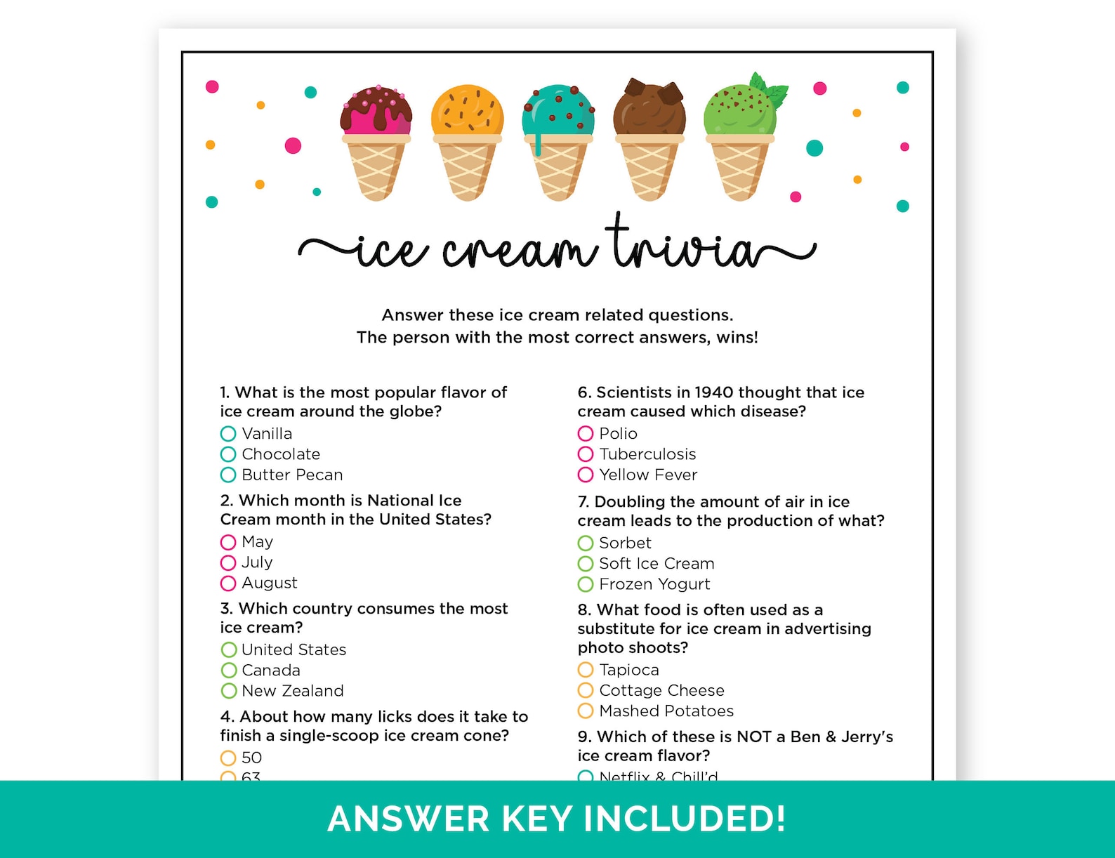 Ice Cream Trivia Game, Printable Quiz With Answers for an Ice Cream ...