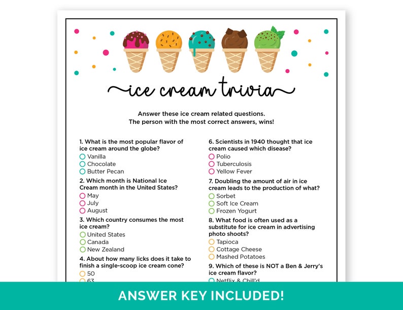 Ice Cream Trivia Game, Printable Quiz With Answers for an Ice Cream ...