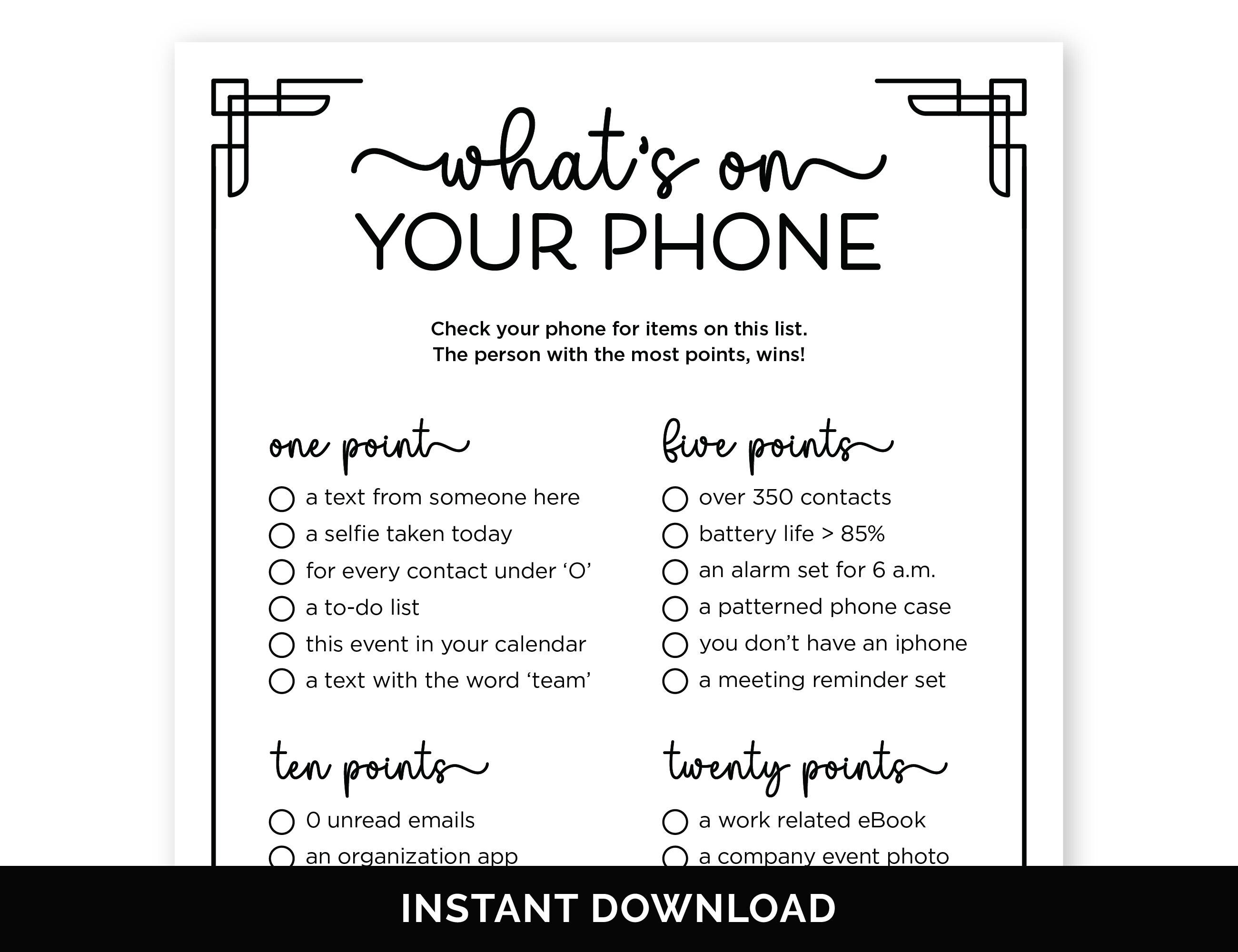 Office Whats on Your Phone, Printable Phone Scavenger Hunt for an ...