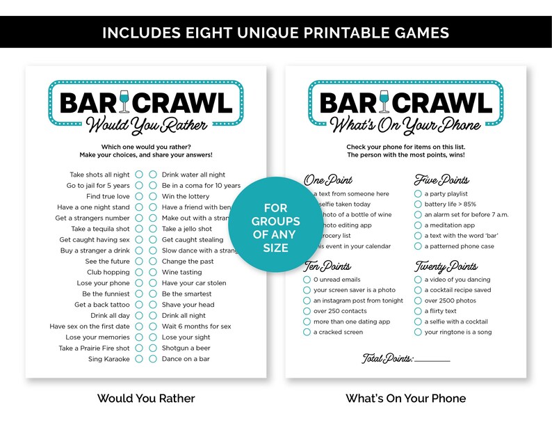 Bar Crawl Games, Printable Bar Hopping Games for a Birthday Bar Crawl ...