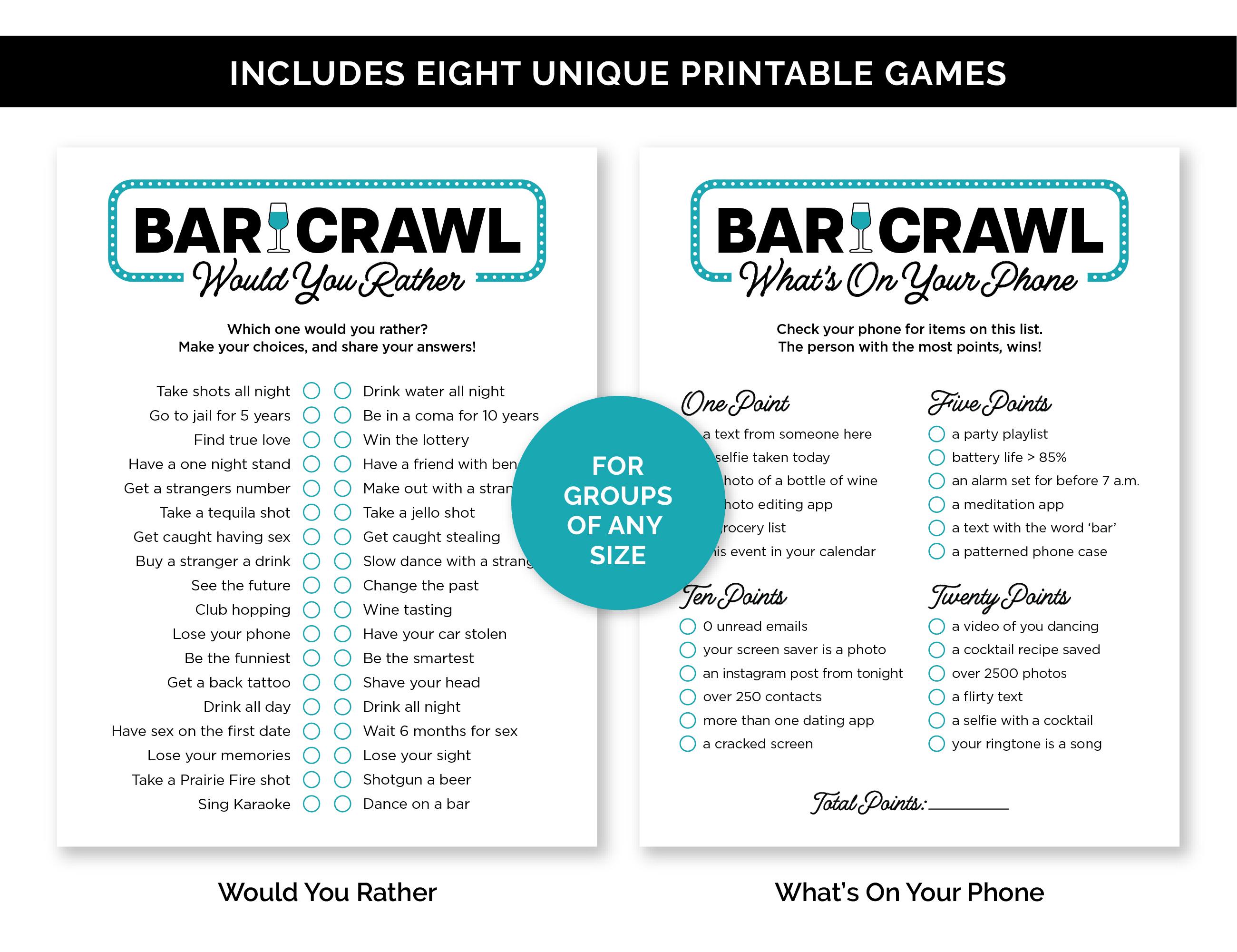 Bar Crawl Games, Printable Bar Hopping Games for a Birthday Bar Crawl ...