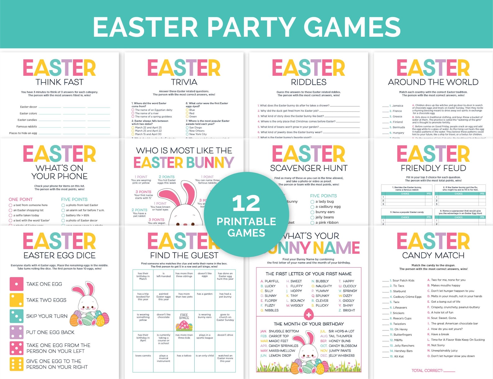 Easter Games Bundle for Adults and Kids, Printable Easter Party Games ...