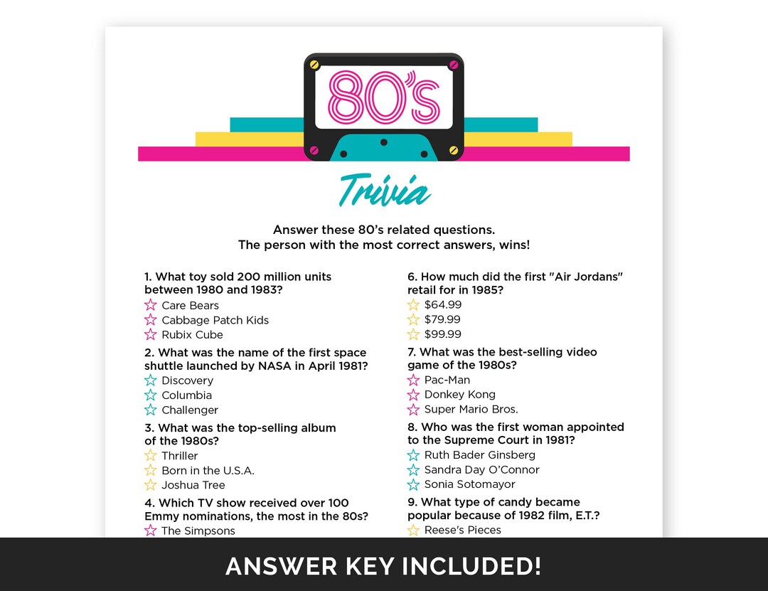 80s Trivia Game, Printable Quiz With Answers for an 1980s Theme Party ...