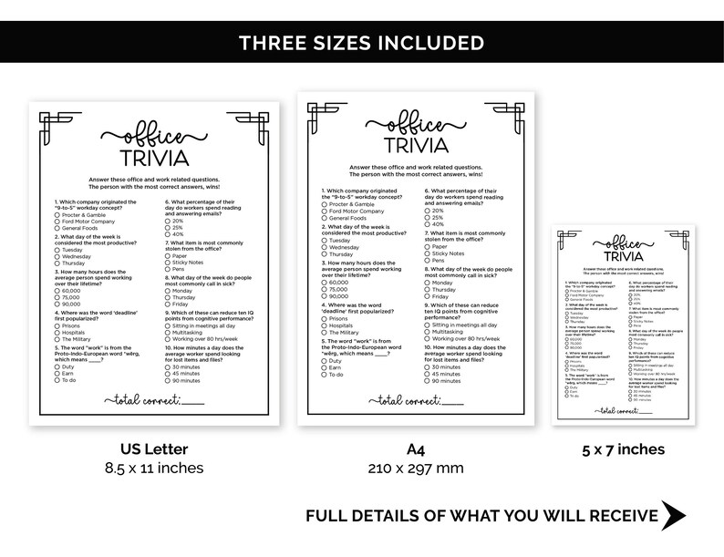 Office Trivia Game, Printable Quiz With Answers for an Office Party ...