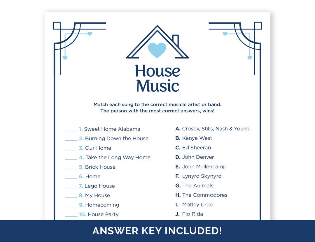 Housewarming Party Game, House Music Match-up Game, New Home Party Game ...