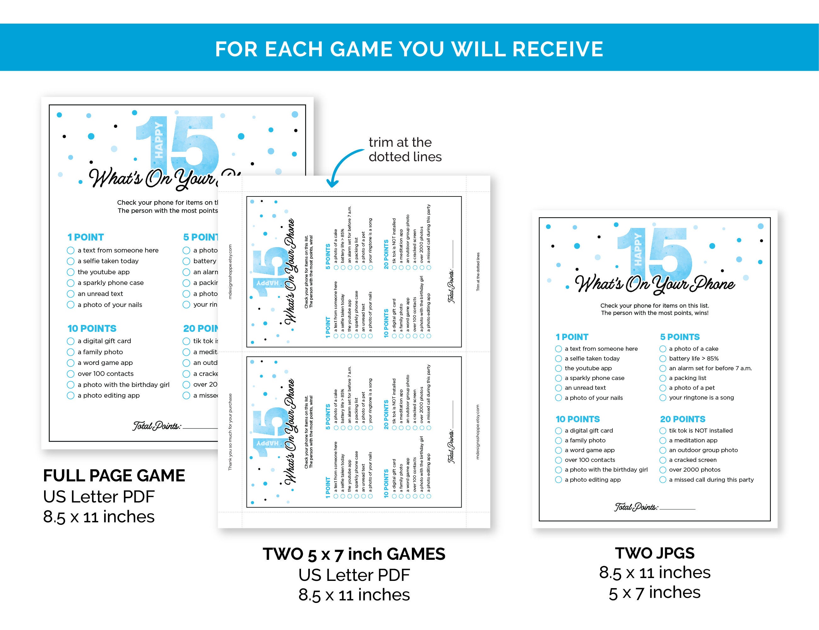 Blue 15th Birthday Party Games, Printable Games for a 15-year-old Girl ...