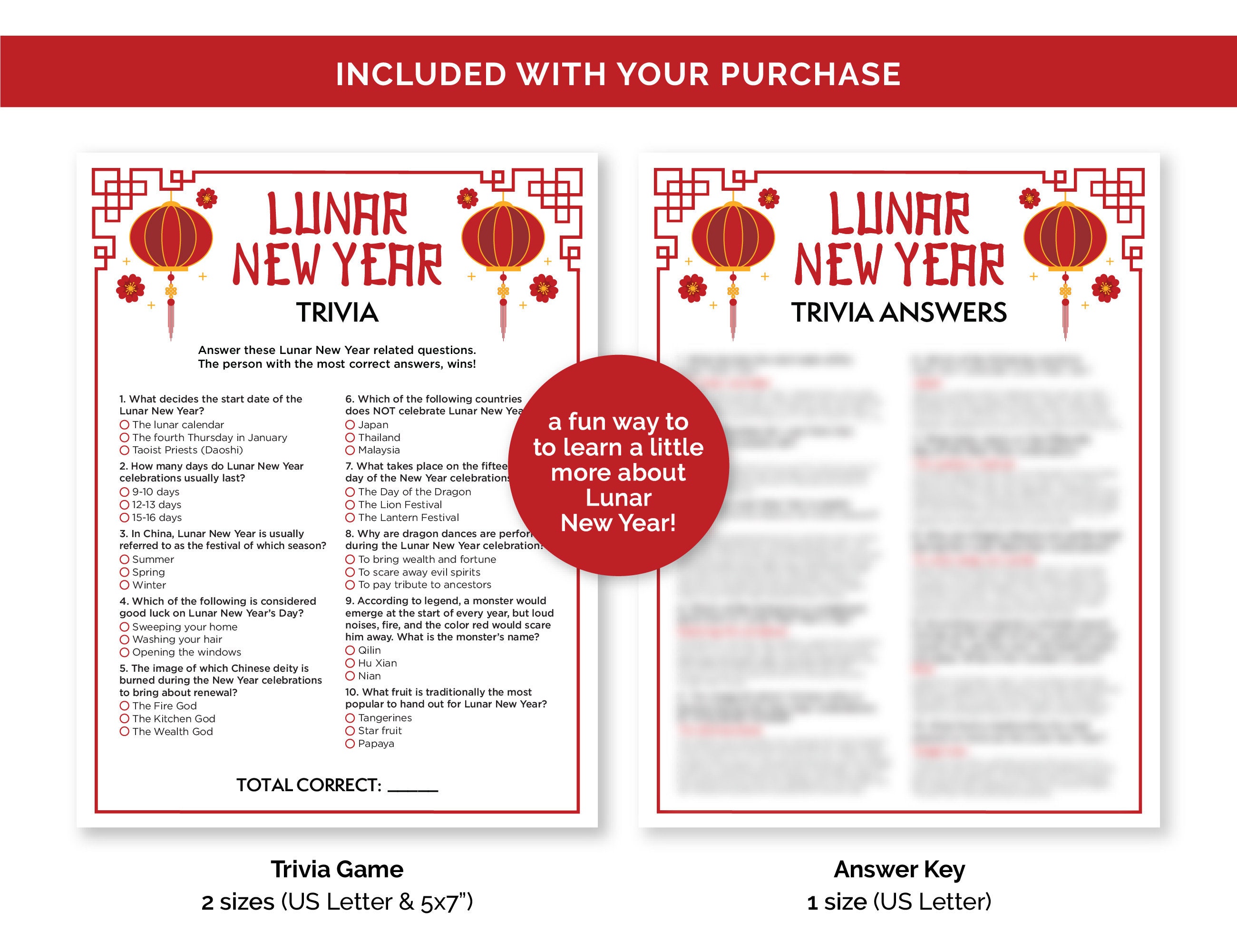 Lunar New Year Trivia Game, Printable Quiz for a Family or Classroom ...