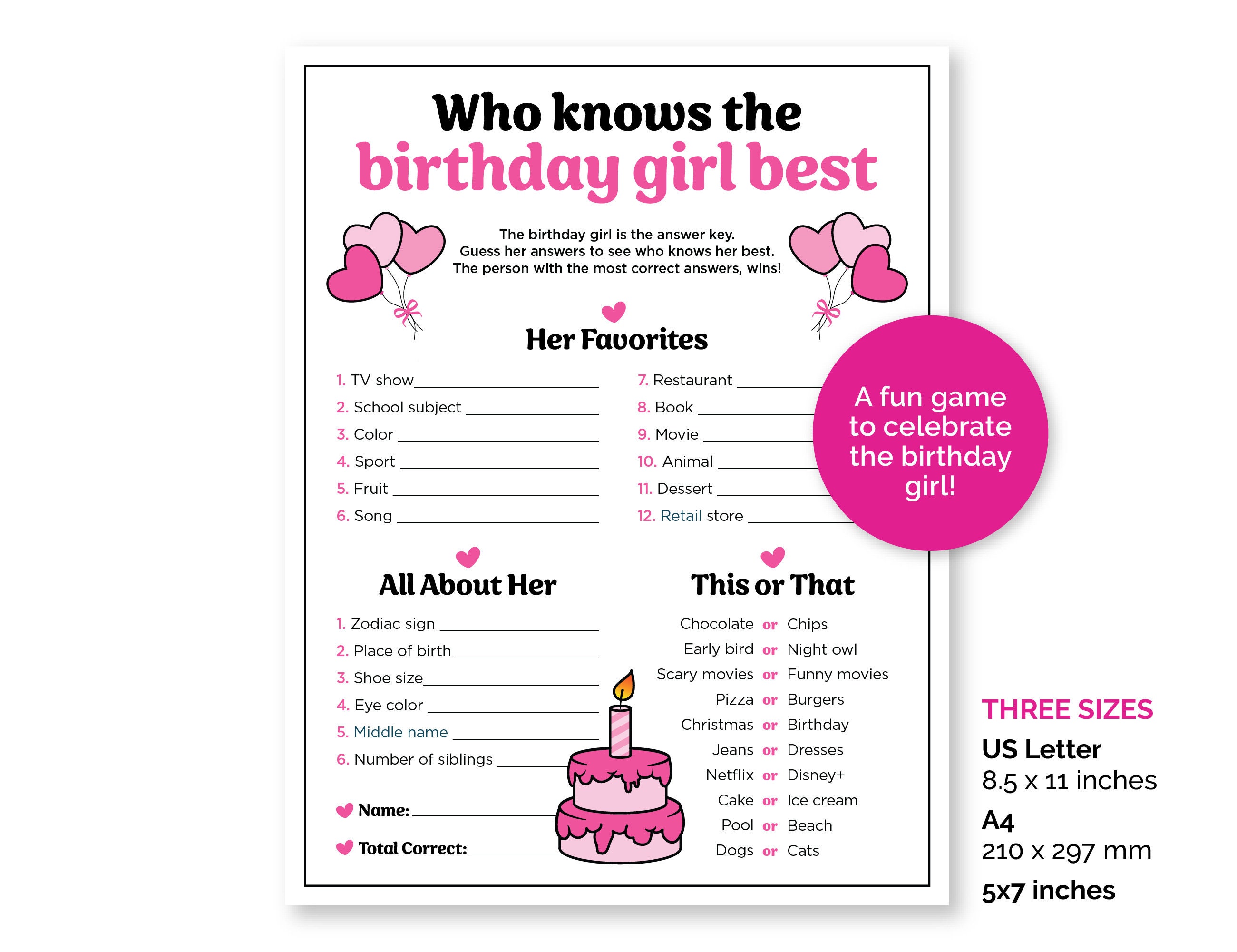 Who Knows the Birthday Girl Best, Printable Birthday Girl Trivia Game ...