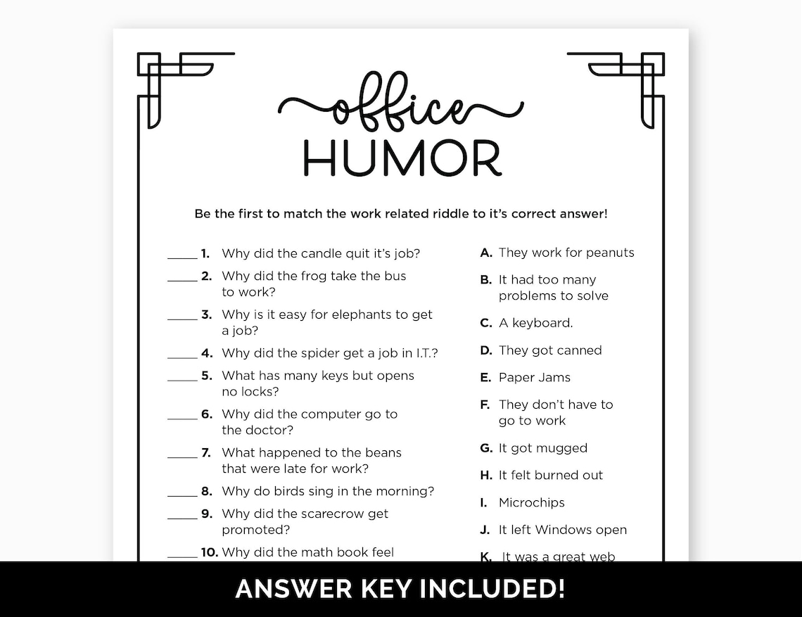 Office Humor Game, Printable Riddles for a Work Party, Workplace Jokes ...