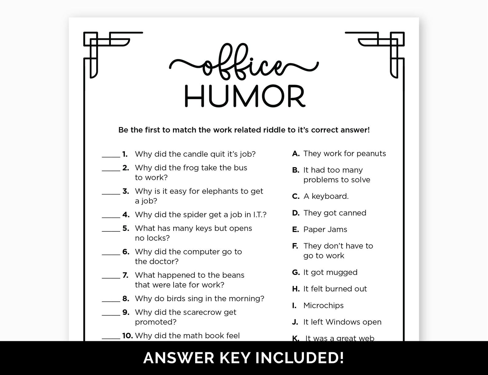 Office Humor Game, Printable Riddles for a Work Party, Workplace Jokes ...