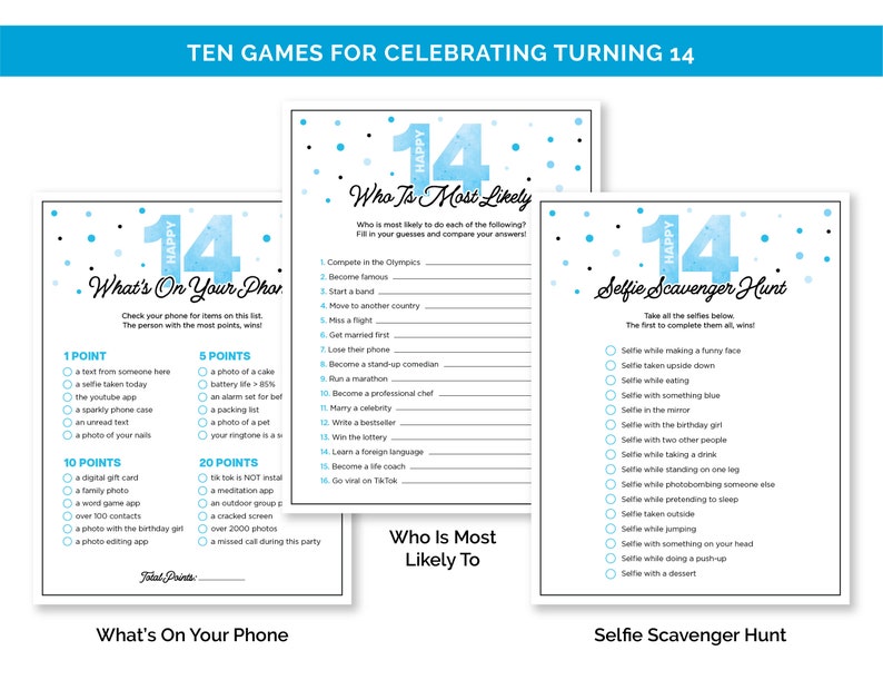 Blue 14th Birthday Party Games, Printable Games for a 14-year-old Girl ...