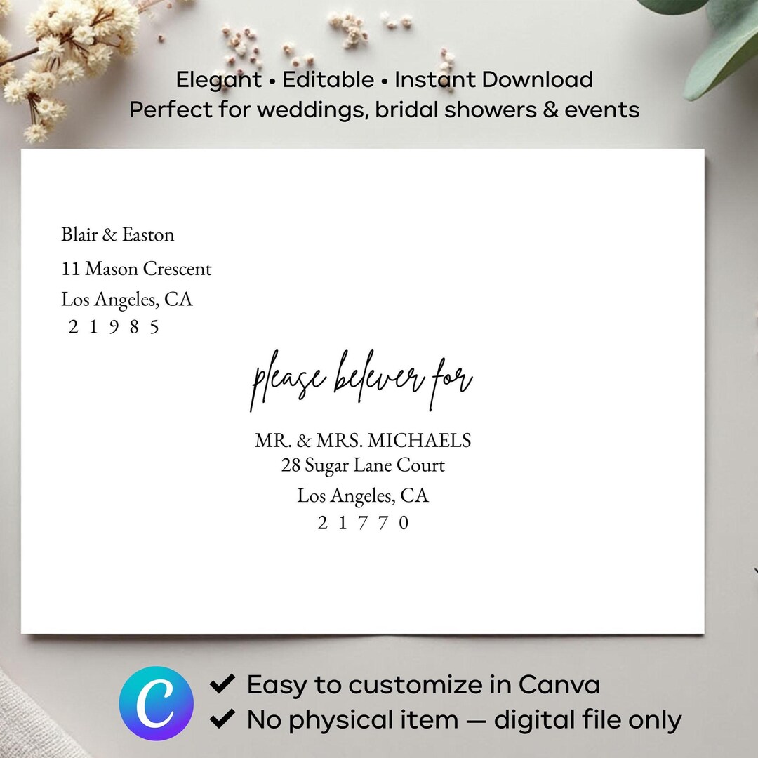 A7 Envelope Addressing Template, Editable Canva Wedding Address ...